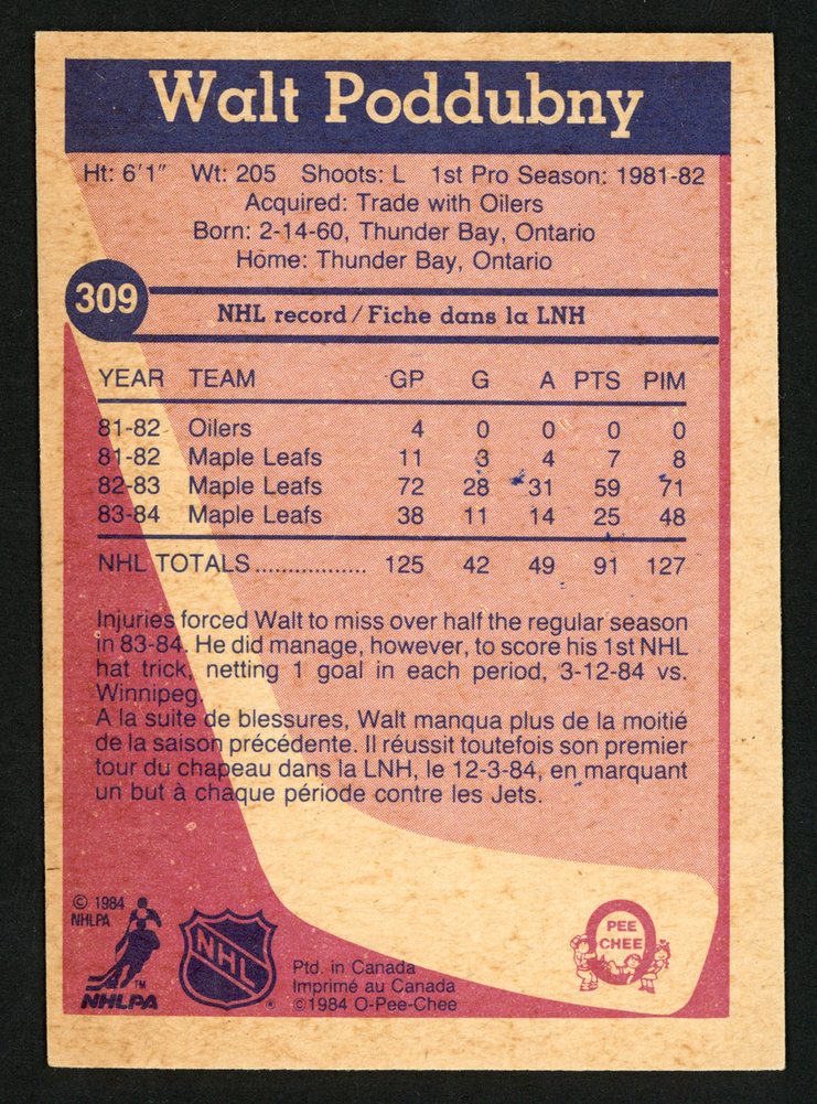 Walt Poddubny Autographed Signed 1984-85 O-Pee-Chee Card #309 Toronto ...