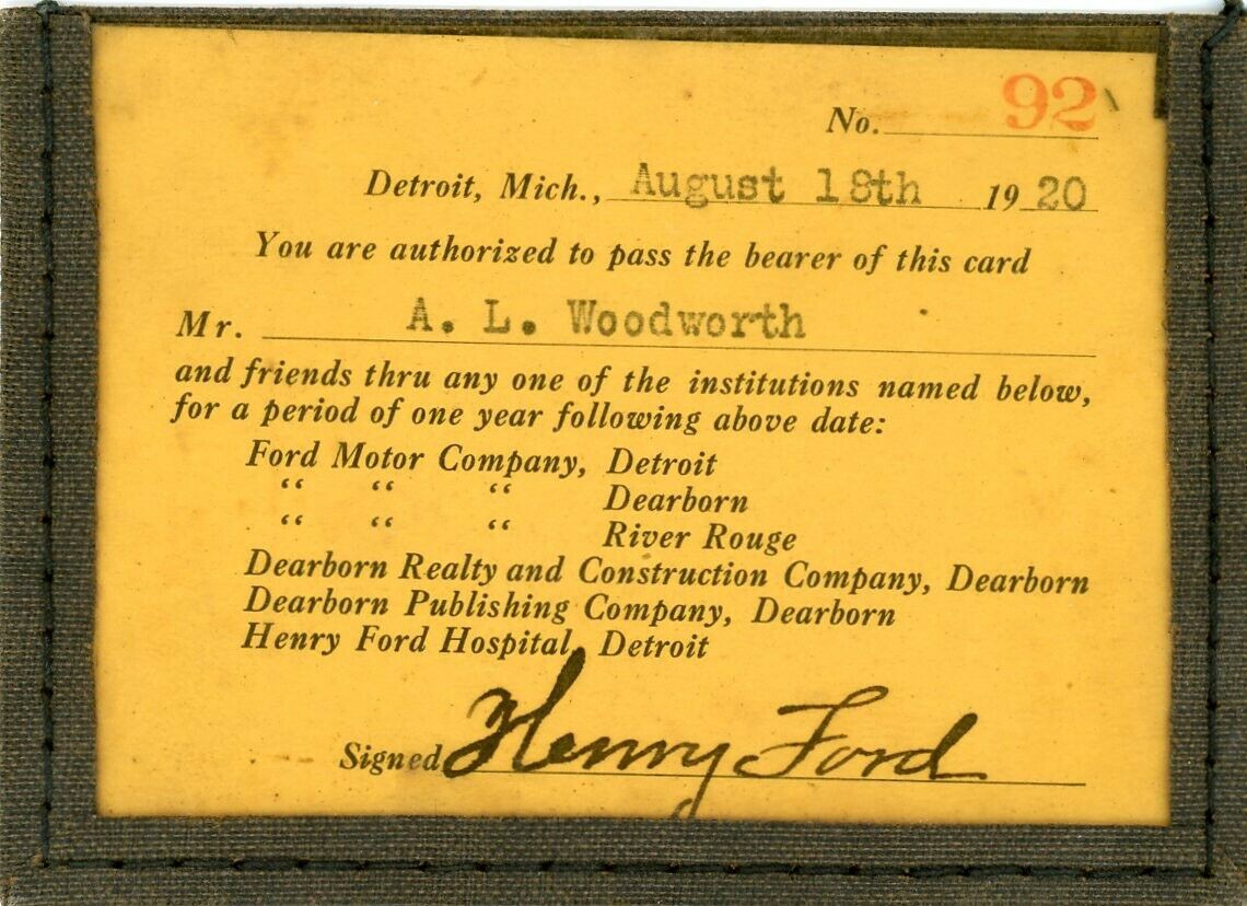 Henry Ford Autographed Signed August 1920 Official Company Entrance ...
