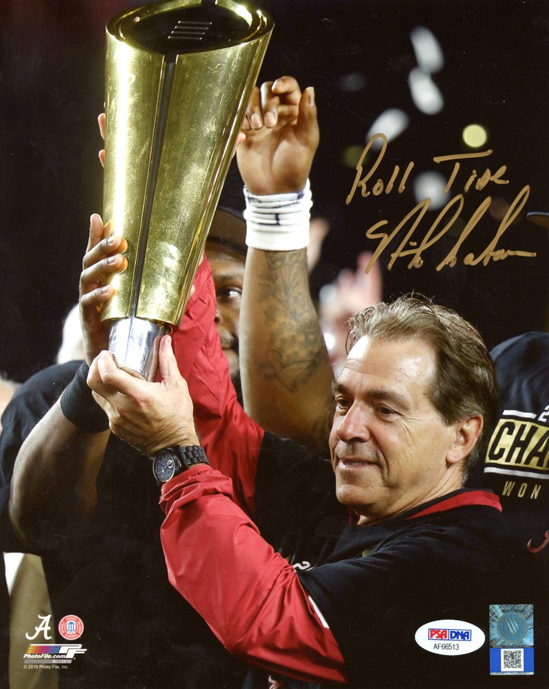 Nick Saban Autographed Signed Alabama Crimson Tide 8x10 Holding Trophy ...