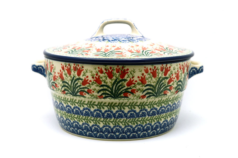 Polish Pottery Baker - Round Covered Casserole - Crimson Bells 278-1437a